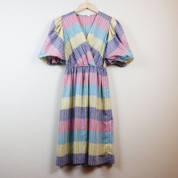 No Brand | Dresses | Vintage Boho Prairie Pastel Stripe Puff Sleeve ...